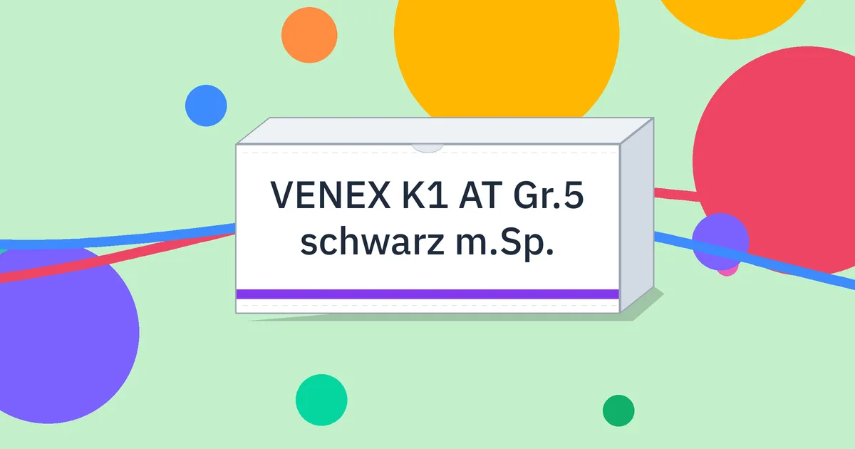 Symbolbild: Packung mit der Aufschrift VENEX K1 AT Gr.5 schwarz m.Sp. (PZN 03196914) – Verfügbarkeit und Bezug in Apotheken in Frankfurt am Main
