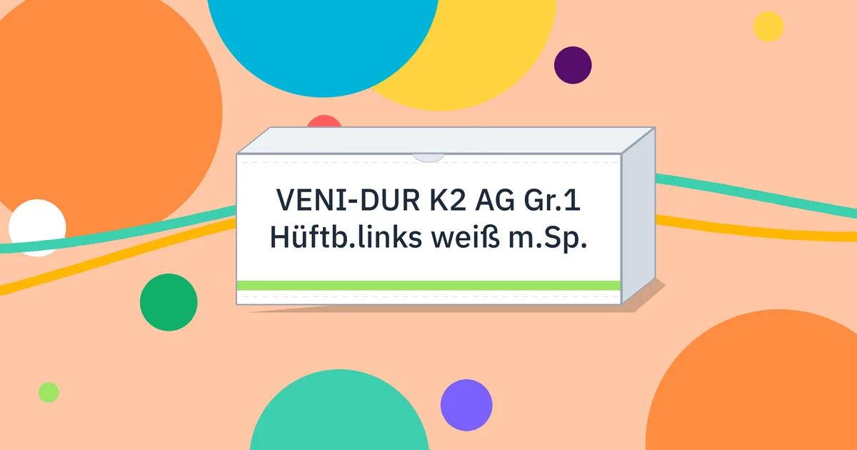 Symbolbild: Packung mit der Aufschrift VENI-DUR K2 AG Gr.1 Hüftb.links weiß m.Sp. (PZN 03250565) – Verfügbarkeit und Bezug in Apotheken in Frankfurt am Main
