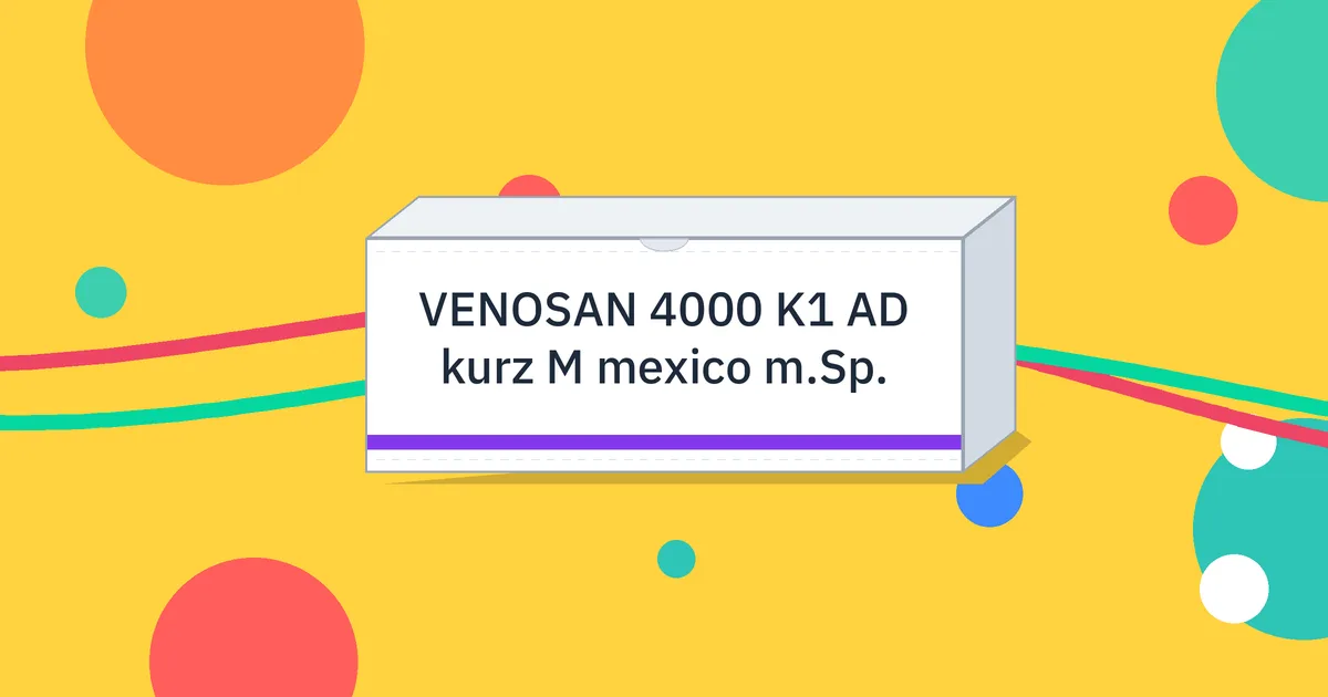 Symbolbild: Packung mit der Aufschrift VENOSAN 4000 K1 AD kurz M mexico m.Sp. (PZN 14423098) – Verfügbarkeit und Bezug in Apotheken in Frankfurt am Main