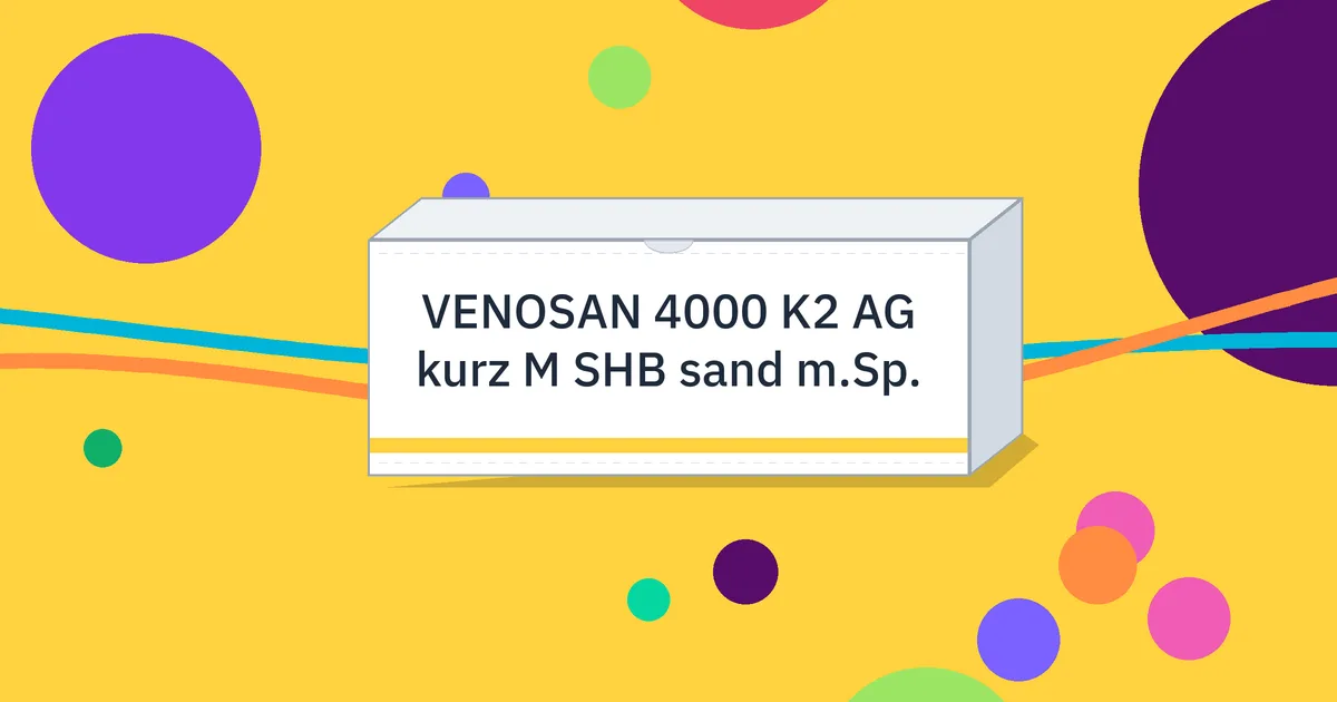 Symbolbild: Packung mit der Aufschrift VENOSAN 4000 K2 AG kurz M SHB sand m.Sp. (PZN 14422779) – Verfügbarkeit und Bezug in Apotheken in Frankfurt am Main