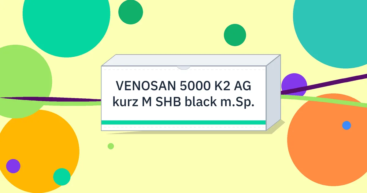 Symbolbild: Packung mit der Aufschrift VENOSAN 5000 K2 AG kurz M SHB black m.Sp. (PZN 14433725) – Verfügbarkeit und Bezug in Apotheken in Frankfurt am Main