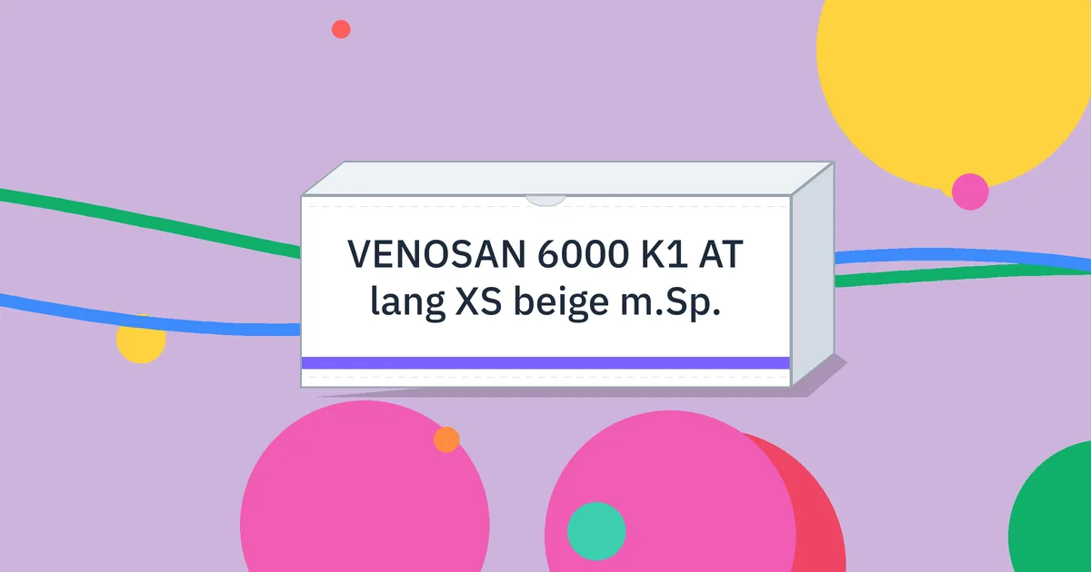 Symbolbild: Packung mit der Aufschrift VENOSAN 6000 K1 AT lang XS beige m.Sp. (PZN 17171906) – Verfügbarkeit und Bezug in Apotheken in Frankfurt am Main