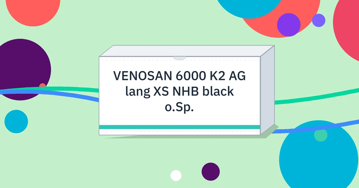 Symbolbild: Packung mit der Aufschrift VENOSAN 6000 K2 AG lang XS NHB black o.Sp. (PZN 17172857) – Verfügbarkeit und Bezug in Apotheken in Frankfurt am Main