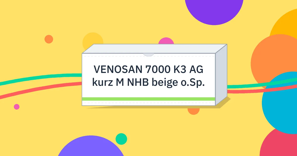 Symbolbild: Packung mit der Aufschrift VENOSAN 7000 K3 AG kurz M NHB beige o.Sp. (PZN 14435411) – Verfügbarkeit und Bezug in Apotheken in Frankfurt am Main