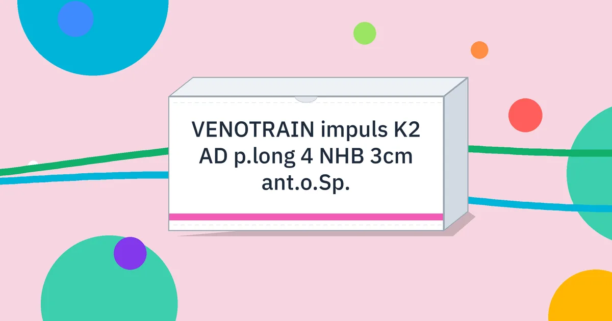 Symbolbild: Packung mit der Aufschrift VENOTRAIN impuls K2 AD p.long 4 NHB 3cm ant.o.Sp. (PZN 15224567) – Verfügbarkeit und Bezug in Apotheken in Frankfurt am Main