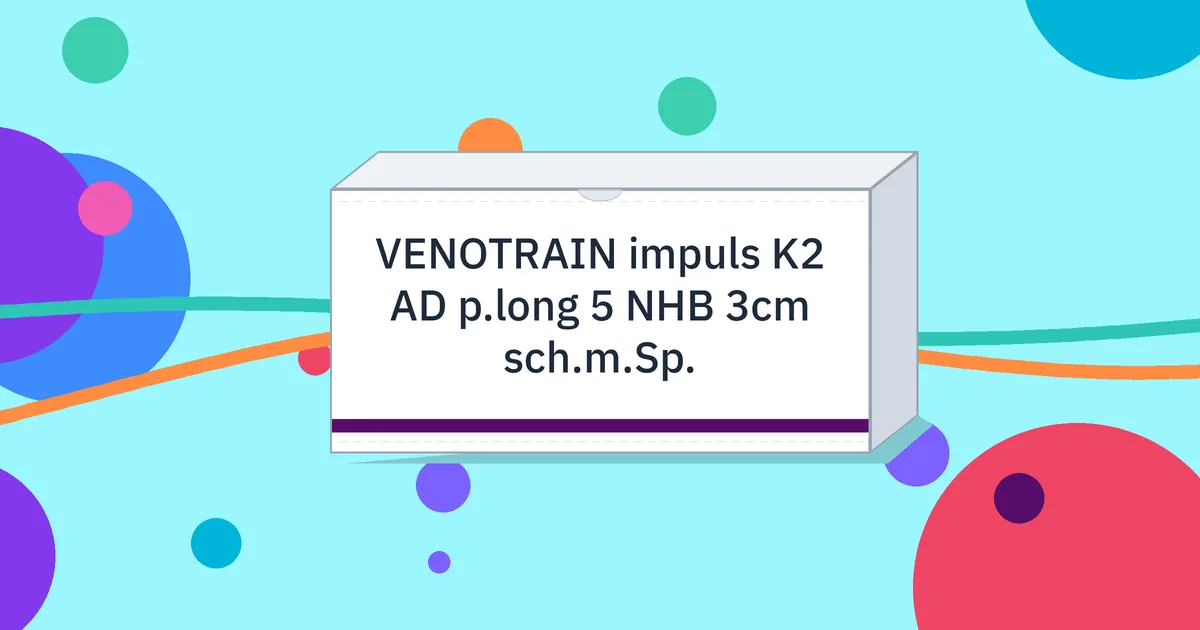 Symbolbild: Packung mit der Aufschrift VENOTRAIN impuls K2 AD p.long 5 NHB 3cm sch.m.Sp. (PZN 00652352) – Verfügbarkeit und Bezug in Apotheken in Frankfurt am Main