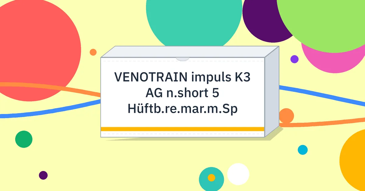 Symbolbild: Packung mit der Aufschrift VENOTRAIN impuls K3 AG n.short 5 Hüftb.re.mar.m.Sp (PZN 15217567) – Verfügbarkeit und Bezug in Apotheken in Frankfurt am Main