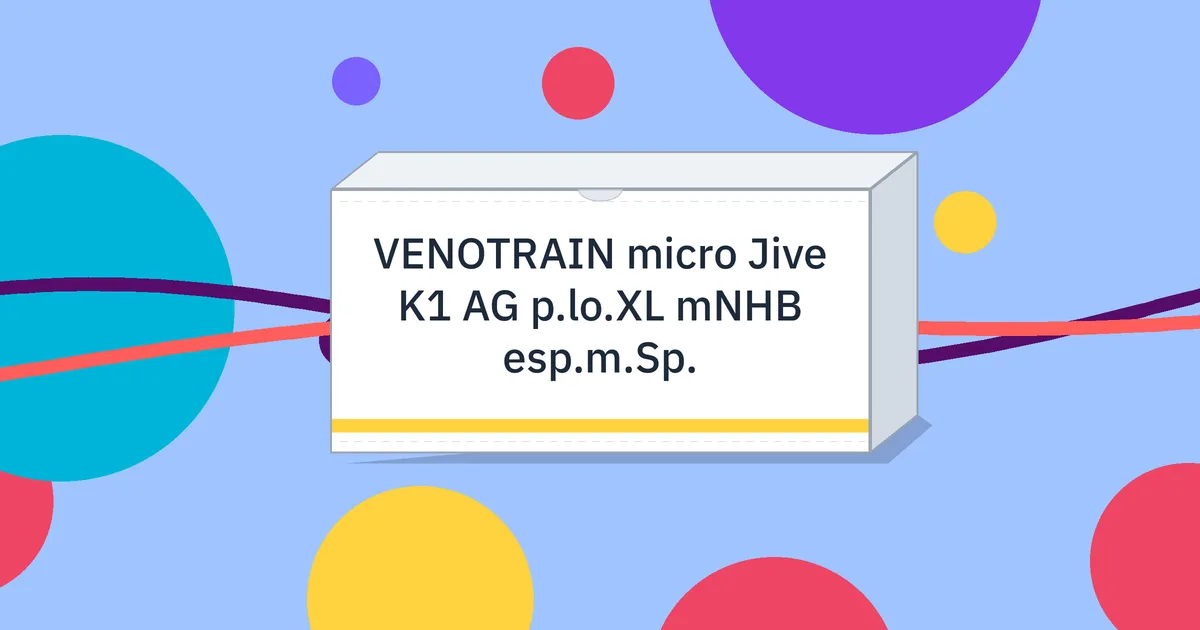 Symbolbild: Packung mit der Aufschrift VENOTRAIN micro Jive K1 AG p.lo.XL mNHB esp.m.Sp. (PZN 17760376) – Verfügbarkeit und Bezug in Apotheken in Frankfurt am Main