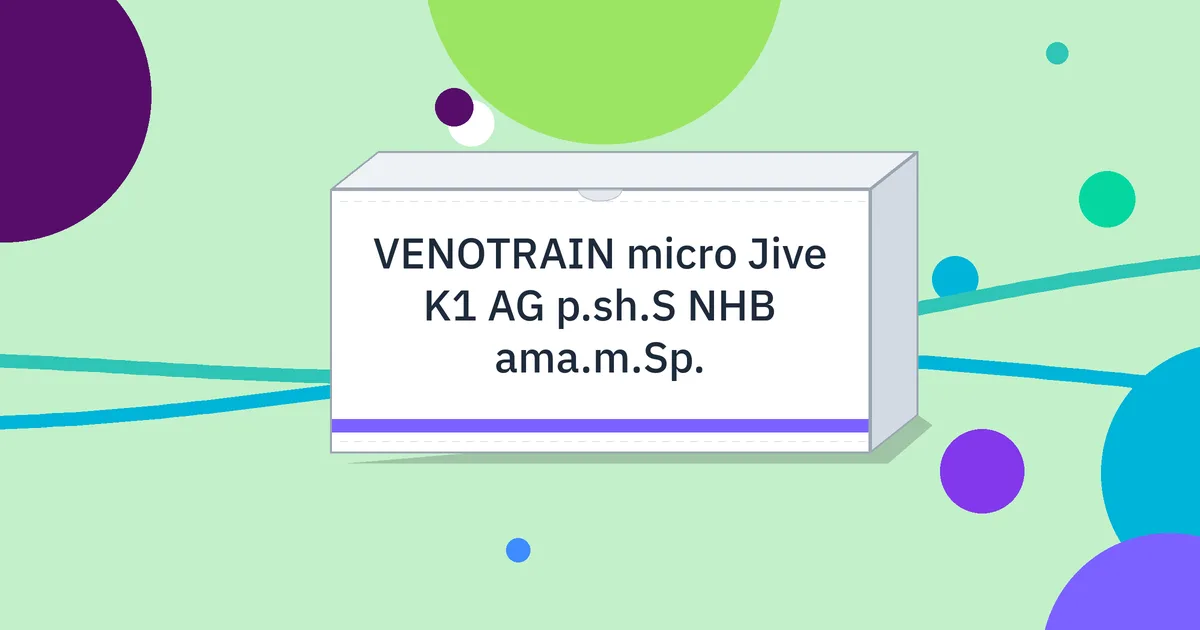 Symbolbild: Packung mit der Aufschrift VENOTRAIN micro Jive K1 AG p.sh.S NHB ama.m.Sp. (PZN 17764983) – Verfügbarkeit und Bezug in Apotheken in Frankfurt am Main