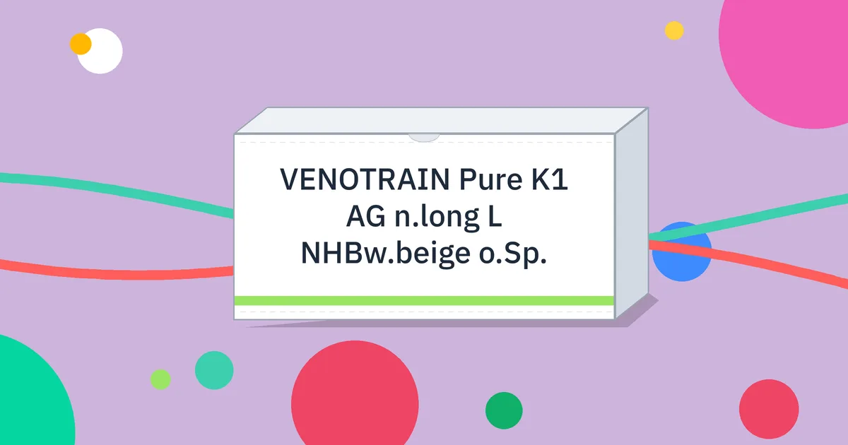 Symbolbild: Packung mit der Aufschrift VENOTRAIN Pure K1 AG n.long L NHBw.beige o.Sp. (PZN 18145791) – Verfügbarkeit und Bezug in Apotheken in Frankfurt am Main