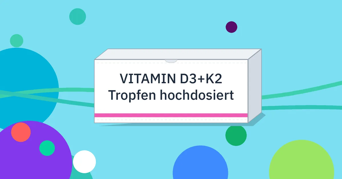 Symbolbild: Packung mit der Aufschrift VITAMIN D3+K2 Tropfen hochdosiert (PZN 17387428) – Verfügbarkeit und Bezug in Apotheken in Frankfurt am Main
