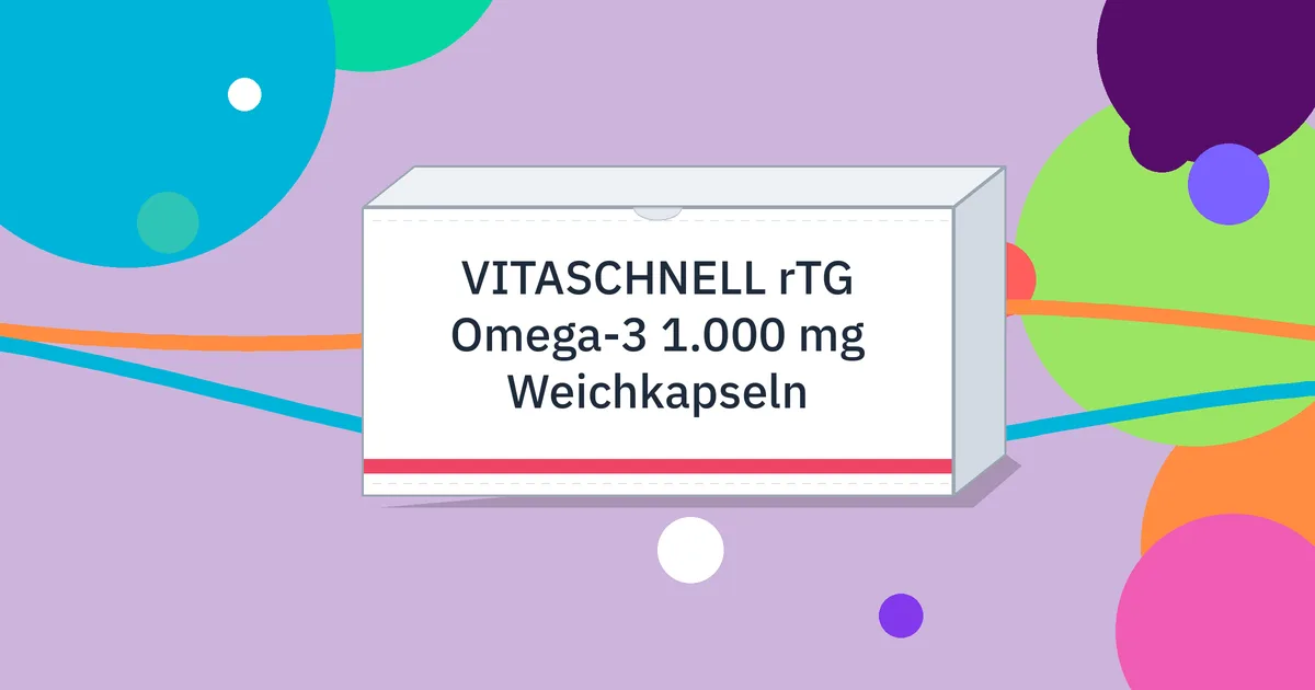 Symbolbild: Packung mit der Aufschrift VITASCHNELL rTG Omega-3 1.000 mg Weichkapseln (PZN 17422745) – Verfügbarkeit und Bezug in Apotheken in Frankfurt am Main