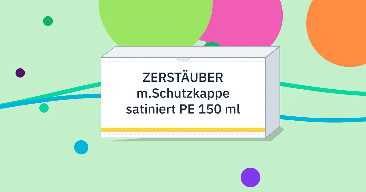 Symbolbild: Packung mit der Aufschrift ZERSTÄUBER m.Schutzkappe satiniert PE 150 ml (PZN 06123028) – Verfügbarkeit und Bezug in Apotheken in Frankfurt am Main