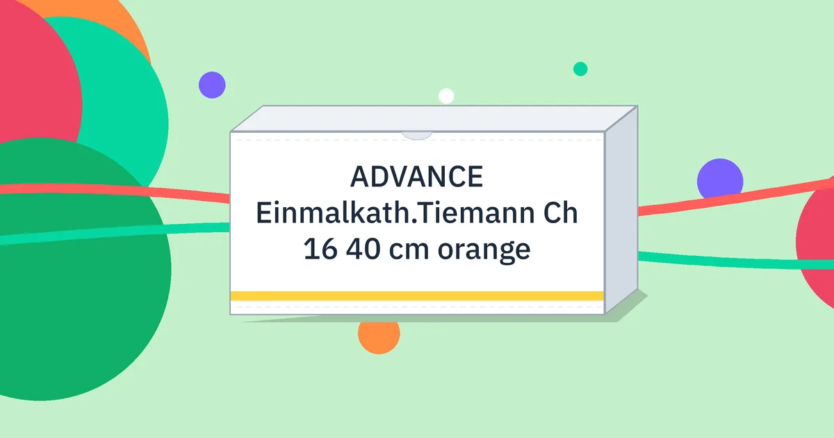 Symbolbild: Packung mit der Aufschrift ADVANCE Einmalkath.Tiemann Ch 16 40 cm orange (PZN 03037400) – Verfügbarkeit und Bezug in Apotheken in Frankfurt am Main