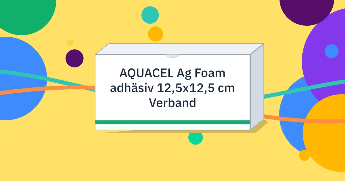 Symbolbild: Packung mit der Aufschrift AQUACEL Ag Foam adhäsiv 12,5x12,5 cm Verband (PZN 19433753) – Verfügbarkeit und Bezug in Apotheken in Frankfurt am Main