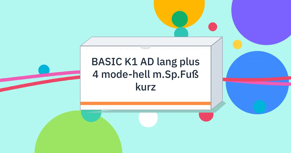 Symbolbild: Packung mit der Aufschrift BASIC K1 AD lang plus 4 mode-hell m.Sp.Fuß kurz (PZN 20258396) – Verfügbarkeit und Bezug in Apotheken in Frankfurt am Main
