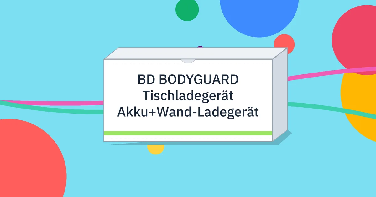 Symbolbild: Packung mit der Aufschrift BD BODYGUARD Tischladegerät Akku+Wand-Ladegerät (PZN 19283727) – Verfügbarkeit und Bezug in Apotheken in Frankfurt am Main