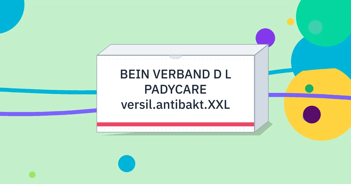 Symbolbild: Packung mit der Aufschrift BEIN VERBAND D L PADYCARE versil.antibakt.XXL (PZN 10939008) – Verfügbarkeit und Bezug in Apotheken in Frankfurt am Main