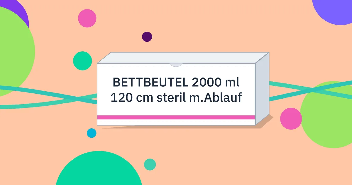 Symbolbild: Packung mit der Aufschrift BETTBEUTEL 2000 ml 120 cm steril m.Ablauf (PZN 18021451) – Verfügbarkeit und Bezug in Apotheken in Frankfurt am Main