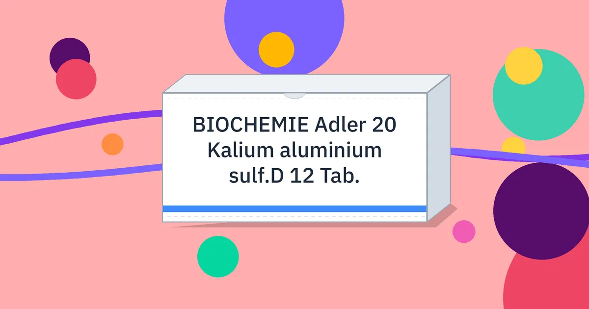 Symbolbild: Packung mit der Aufschrift BIOCHEMIE Adler 20 Kalium aluminium sulf.D 12 Tab. (PZN 00833496) – Verfügbarkeit und Bezug in Apotheken in Frankfurt am Main