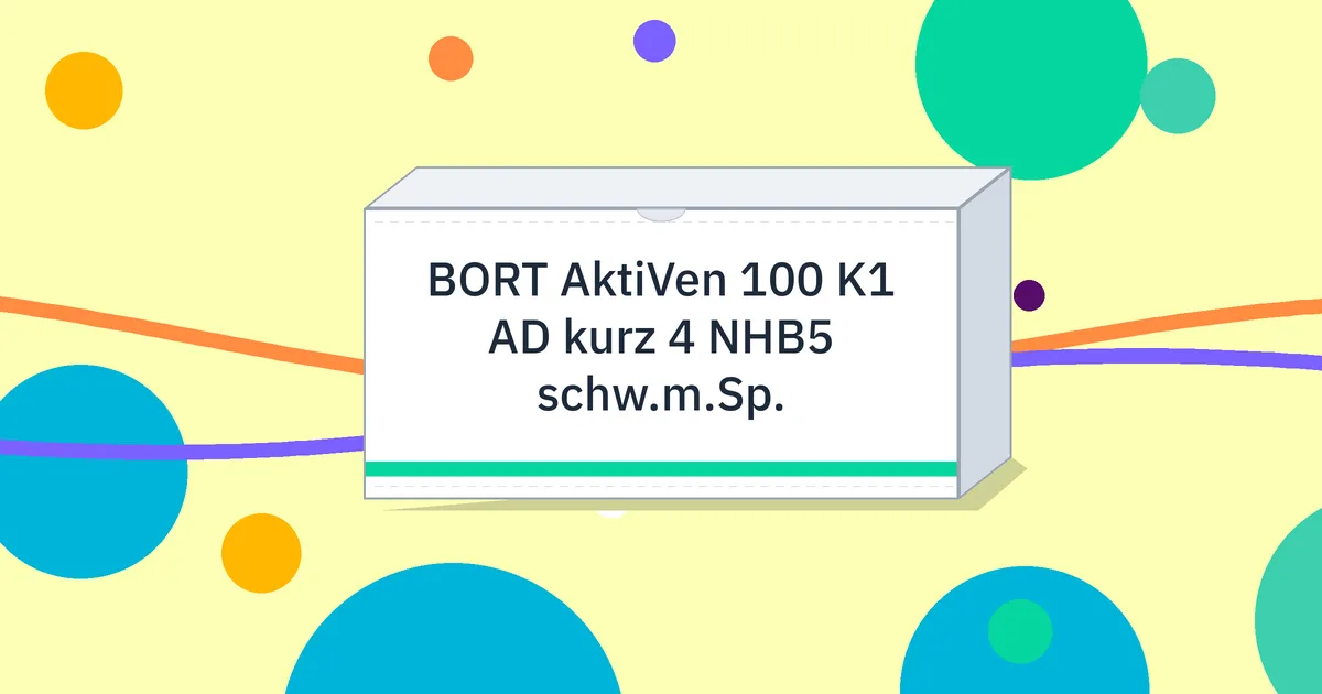 Symbolbild: Packung mit der Aufschrift BORT AktiVen 100 K1 AD kurz 4 NHB5 schw.m.Sp. (PZN 17497476) – Verfügbarkeit und Bezug in Apotheken in Frankfurt am Main