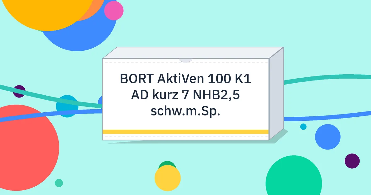 Symbolbild: Packung mit der Aufschrift BORT AktiVen 100 K1 AD kurz 7 NHB2,5 schw.m.Sp. (PZN 17502272) – Verfügbarkeit und Bezug in Apotheken in Frankfurt am Main