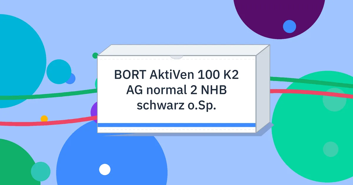 Symbolbild: Packung mit der Aufschrift BORT AktiVen 100 K2 AG normal 2 NHB schwarz o.Sp. (PZN 14387209) – Verfügbarkeit und Bezug in Apotheken in Frankfurt am Main