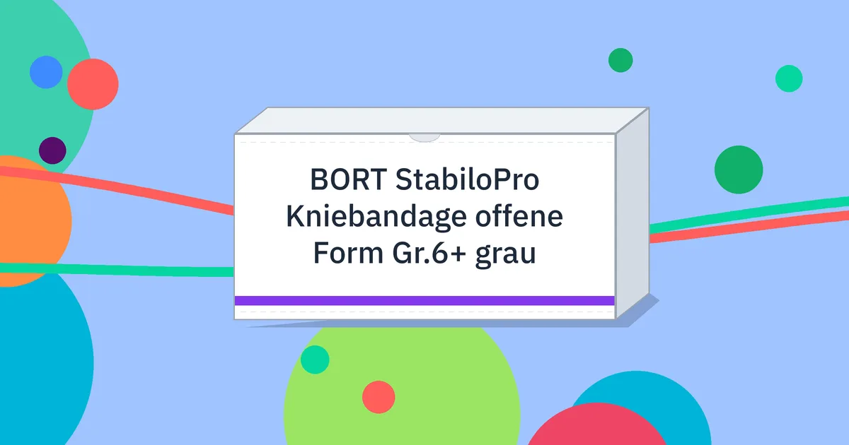 Symbolbild: Packung mit der Aufschrift BORT StabiloPro Kniebandage offene Form Gr.6+ grau (PZN 15256952) – Verfügbarkeit und Bezug in Apotheken in Frankfurt am Main