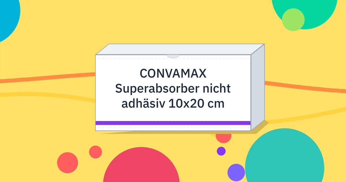 Symbolbild: Packung mit der Aufschrift CONVAMAX Superabsorber nicht adhäsiv 10x20 cm (PZN 20124750) – Verfügbarkeit und Bezug in Apotheken in Frankfurt am Main