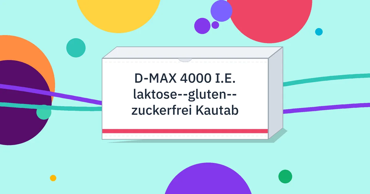 Symbolbild: Packung mit der Aufschrift D-MAX 4000 I.E. laktose--gluten--zuckerfrei Kautab (PZN 16169221) – Verfügbarkeit und Bezug in Apotheken in Frankfurt am Main