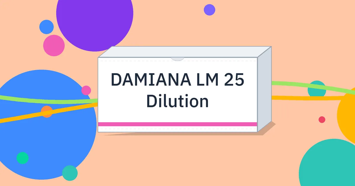 Symbolbild: Packung mit der Aufschrift DAMIANA LM 25 Dilution (PZN 13461168) – Verfügbarkeit und Bezug in Apotheken in Frankfurt am Main