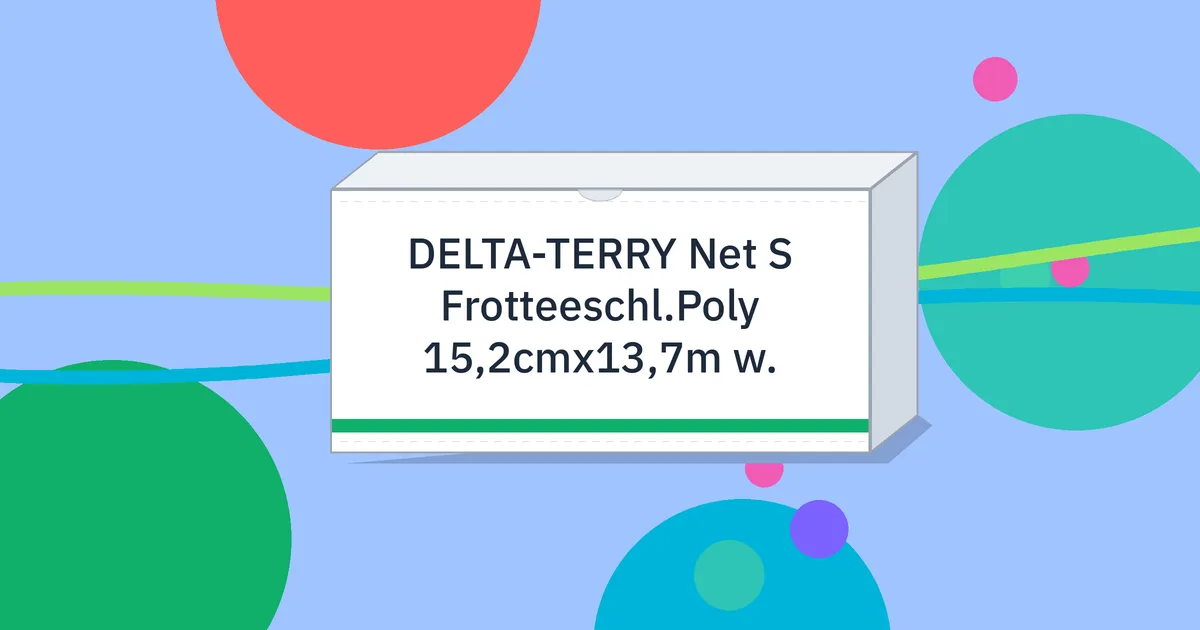 Symbolbild: Packung mit der Aufschrift DELTA-TERRY Net S Frotteeschl.Poly 15,2cmx13,7m w. (PZN 00855960) – Verfügbarkeit und Bezug in Apotheken in Frankfurt am Main