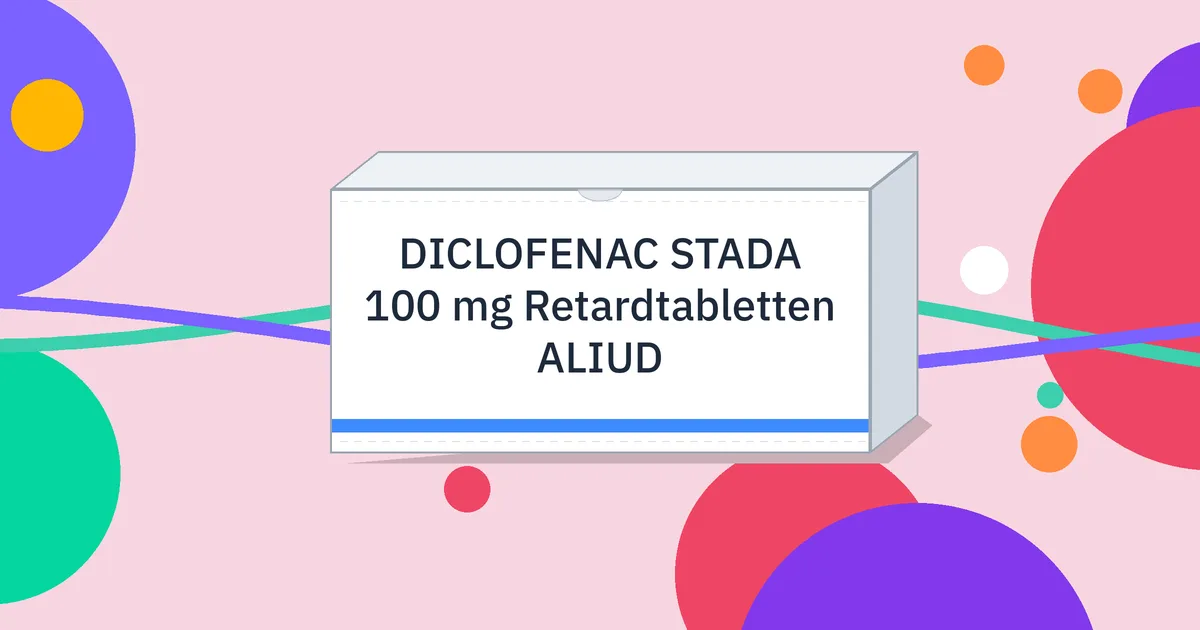 Symbolbild: Packung mit der Aufschrift DICLOFENAC STADA 100 mg Retardtabletten ALIUD (PZN 11010941) – Verfügbarkeit und Bezug in Apotheken in Frankfurt am Main