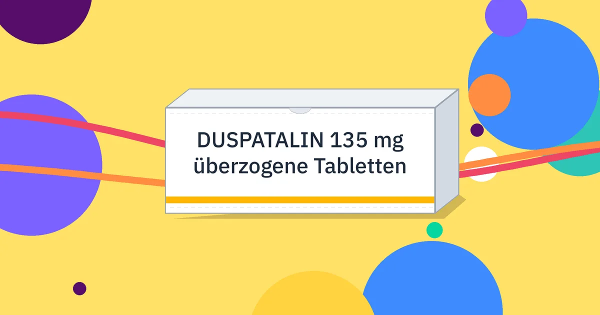 Symbolbild: Packung mit der Aufschrift DUSPATALIN 135 mg überzogene Tabletten (PZN 01184700) – Verfügbarkeit und Bezug in Apotheken in Frankfurt am Main