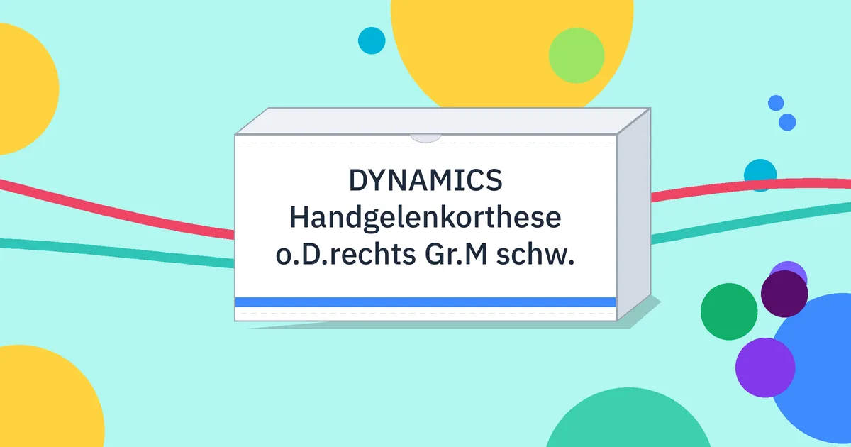 Symbolbild: Packung mit der Aufschrift DYNAMICS Handgelenkorthese o.D.rechts Gr.M schw. (PZN 10633367) – Verfügbarkeit und Bezug in Apotheken in Frankfurt am Main
