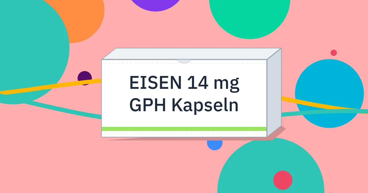 Symbolbild: Packung mit der Aufschrift EISEN 14 mg GPH Kapseln (PZN 00882744) – Verfügbarkeit und Bezug in Apotheken in Frankfurt am Main