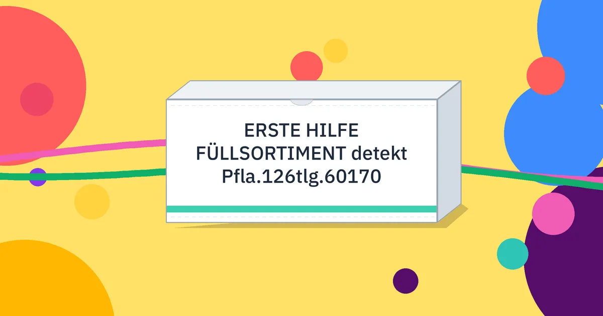 Symbolbild: Packung mit der Aufschrift ERSTE HILFE FÜLLSORTIMENT detekt Pfla.126tlg.60170 (PZN 13198067) – Verfügbarkeit und Bezug in Apotheken in Frankfurt am Main
