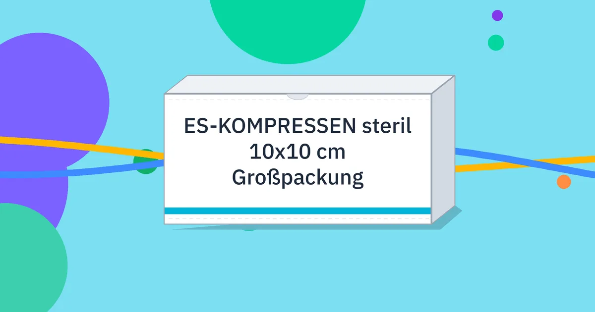 Symbolbild: Packung mit der Aufschrift ES-KOMPRESSEN steril 10x10 cm Großpackung (PZN 18715722) – Verfügbarkeit und Bezug in Apotheken in Frankfurt am Main