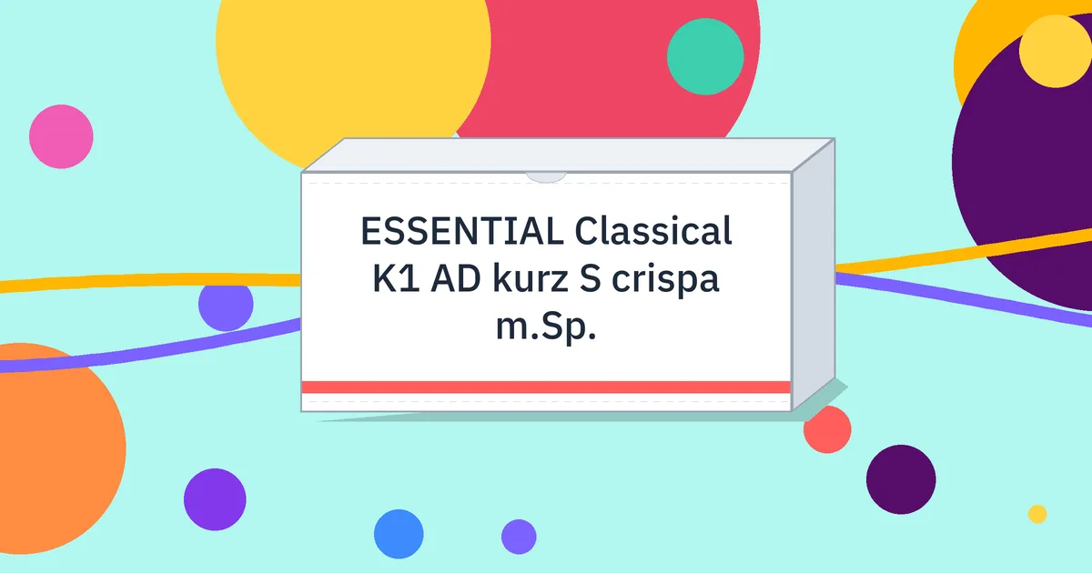 Symbolbild: Packung mit der Aufschrift ESSENTIAL Classical K1 AD kurz S crispa m.Sp. (PZN 16999945) – Verfügbarkeit und Bezug in Apotheken in Frankfurt am Main