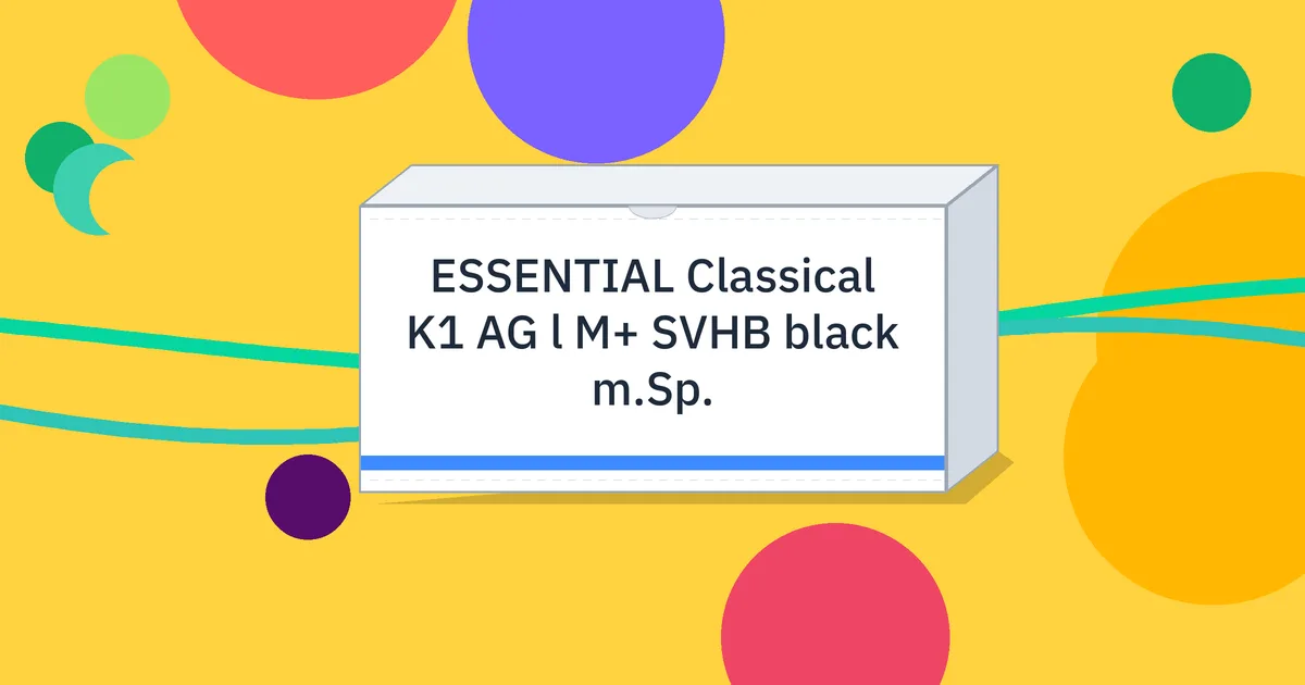 Symbolbild: Packung mit der Aufschrift ESSENTIAL Classical K1 AG l M+ SVHB black m.Sp. (PZN 18421179) – Verfügbarkeit und Bezug in Apotheken in Frankfurt am Main