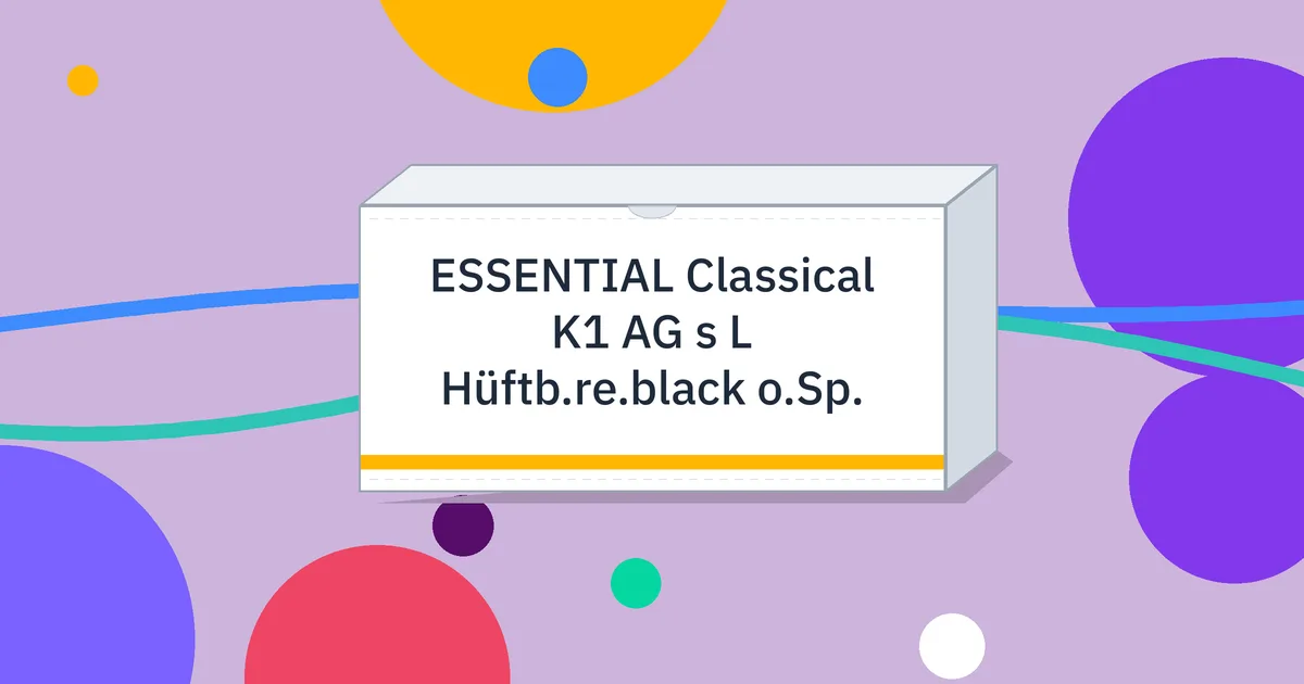 Symbolbild: Packung mit der Aufschrift ESSENTIAL Classical K1 AG s L Hüftb.re.black o.Sp. (PZN 17013461) – Verfügbarkeit und Bezug in Apotheken in Frankfurt am Main