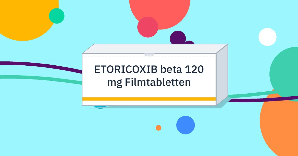 Symbolbild: Packung mit der Aufschrift ETORICOXIB beta 120 mg Filmtabletten (PZN 12444340) – Verfügbarkeit und Bezug in Apotheken in Frankfurt am Main