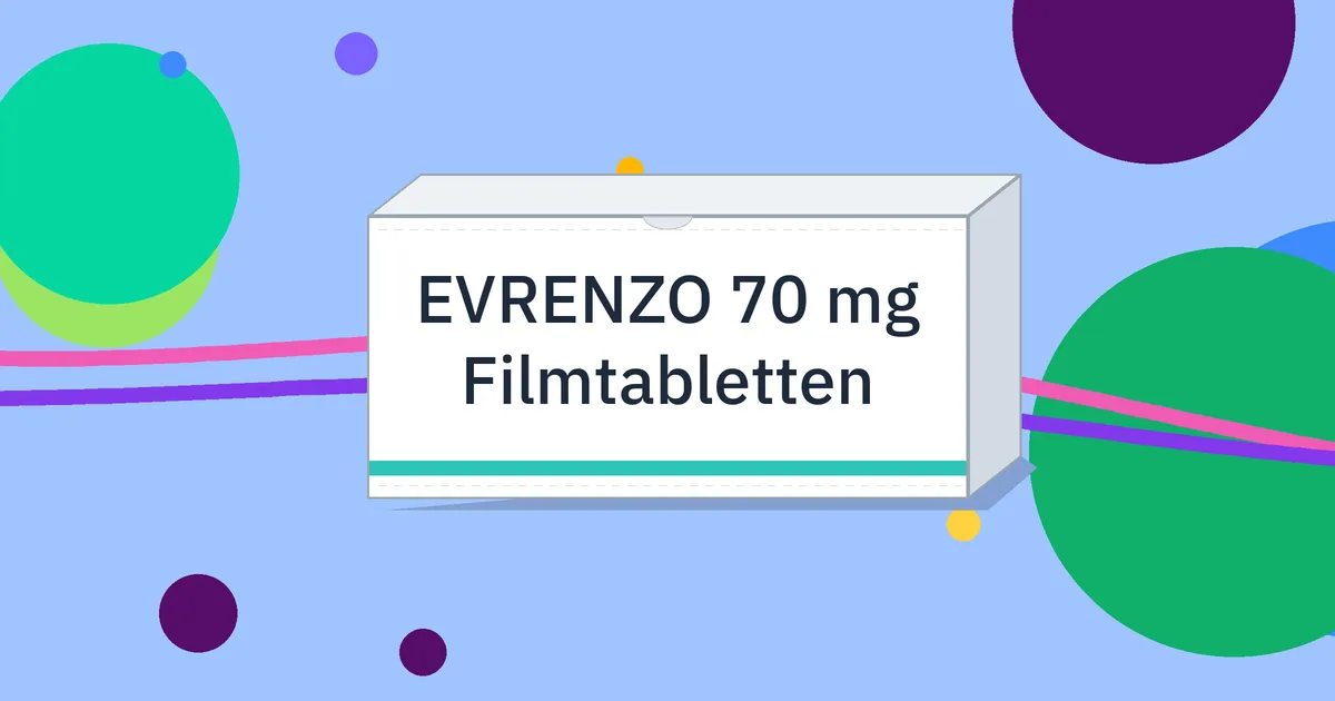 Symbolbild: Packung mit der Aufschrift EVRENZO 70 mg Filmtabletten (PZN 18892341) – Verfügbarkeit und Bezug in Apotheken in Frankfurt am Main