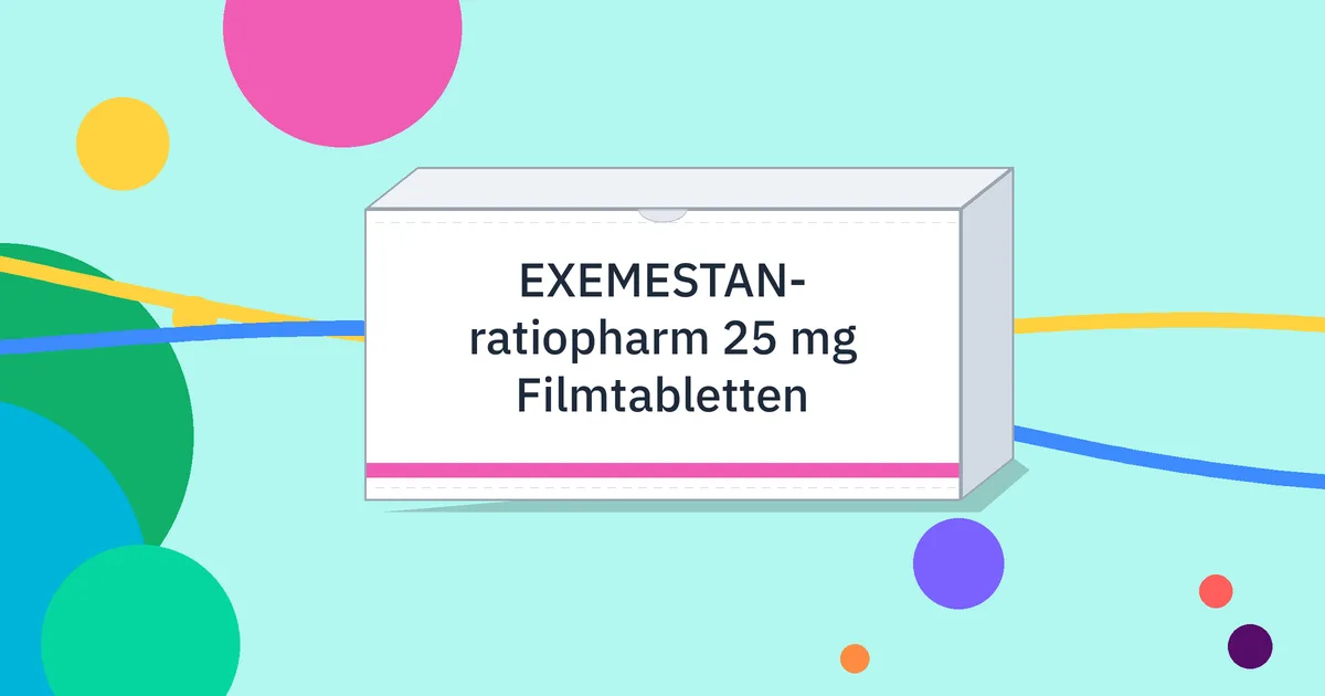 Symbolbild: Packung mit der Aufschrift EXEMESTAN-ratiopharm 25 mg Filmtabletten (PZN 07652444) – Verfügbarkeit und Bezug in Apotheken in Frankfurt am Main