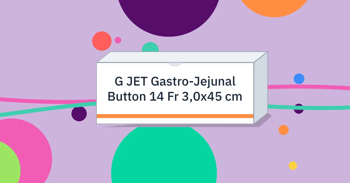 Symbolbild: Packung mit der Aufschrift G JET Gastro-Jejunal Button 14 Fr 3,0x45 cm (PZN 14342885) – Verfügbarkeit und Bezug in Apotheken in Frankfurt am Main