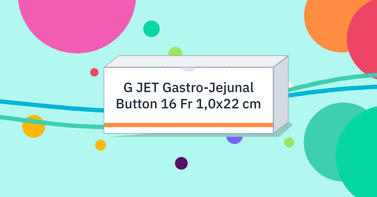 Symbolbild: Packung mit der Aufschrift G JET Gastro-Jejunal Button 16 Fr 1,0x22 cm (PZN 14342922) – Verfügbarkeit und Bezug in Apotheken in Frankfurt am Main