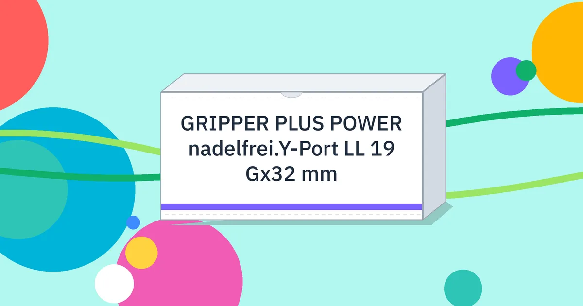 Symbolbild: Packung mit der Aufschrift GRIPPER PLUS POWER nadelfrei.Y-Port LL 19 Gx32 mm (PZN 09675840) – Verfügbarkeit und Bezug in Apotheken in Frankfurt am Main