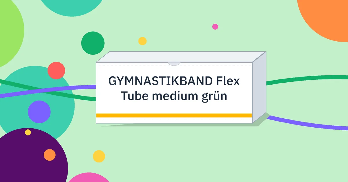 Symbolbild: Packung mit der Aufschrift GYMNASTIKBAND Flex Tube medium grün (PZN 04935242) – Verfügbarkeit und Bezug in Apotheken in Frankfurt am Main