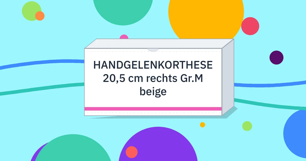 Symbolbild: Packung mit der Aufschrift HANDGELENKORTHESE 20,5 cm rechts Gr.M beige (PZN 03387028) – Verfügbarkeit und Bezug in Apotheken in Frankfurt am Main