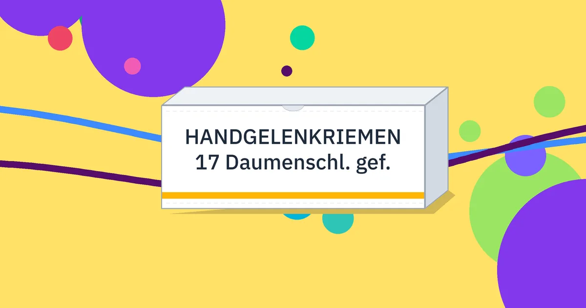 Symbolbild: Packung mit der Aufschrift HANDGELENKRIEMEN 17 Daumenschl. gef. (PZN 02387919) – Verfügbarkeit und Bezug in Apotheken in Frankfurt am Main